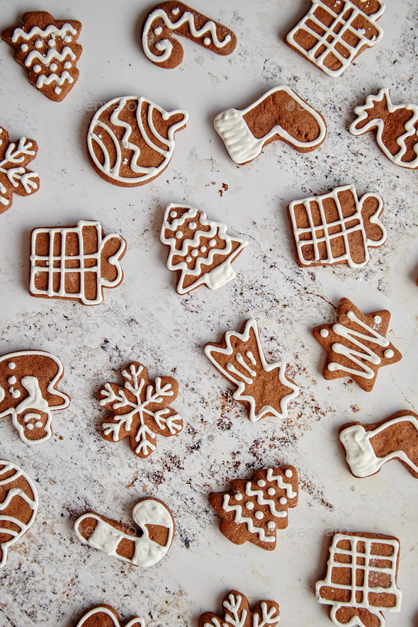 Composition of delicious gingerbread cookies shaped in various ...