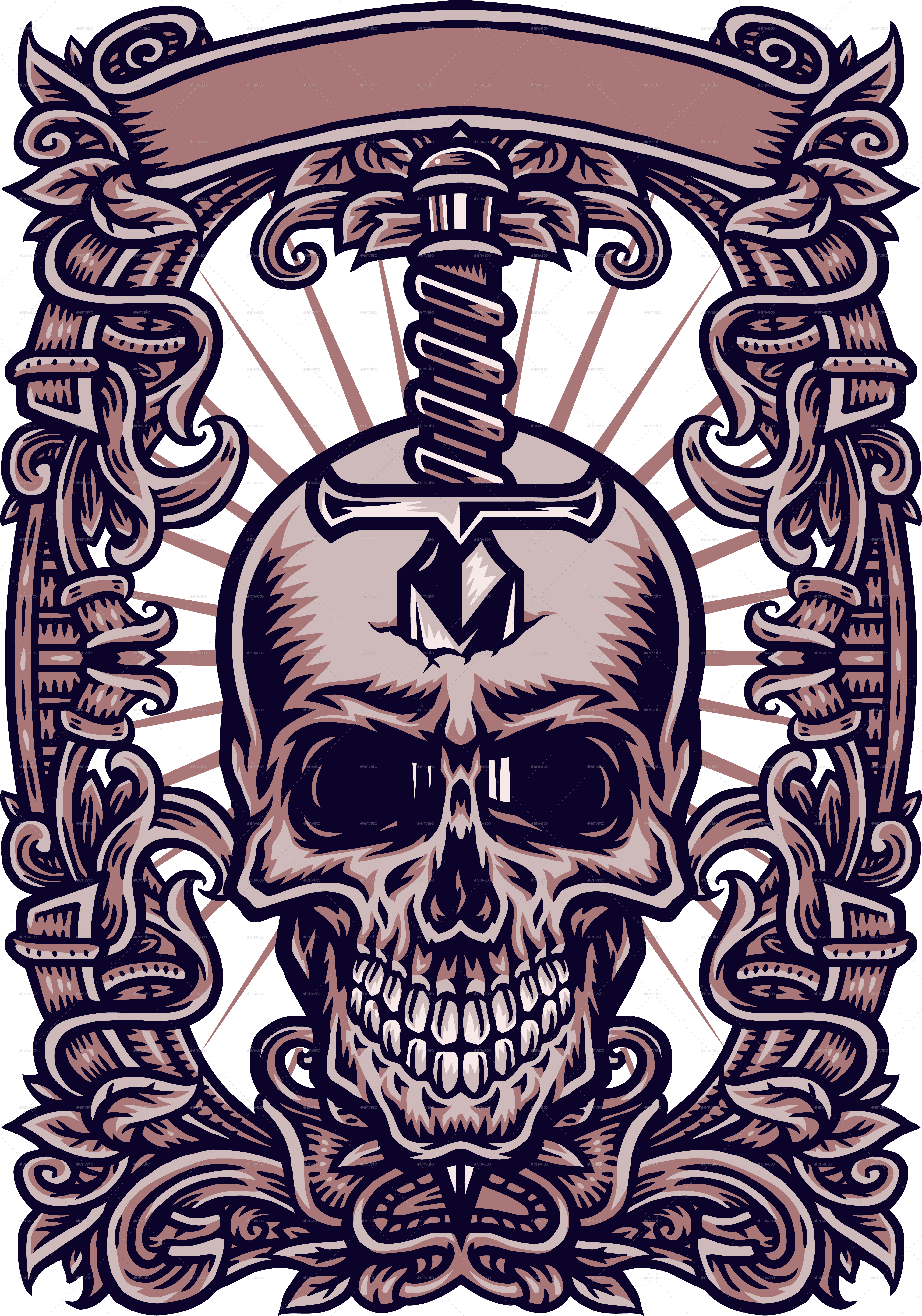 Skull Knife with Ornate Frame, Vectors | GraphicRiver