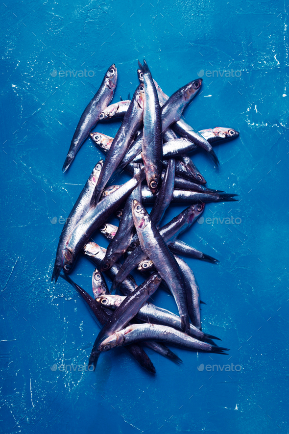 Anchovies. Top view, fish pattern, classic vertical orientation. Toned ...