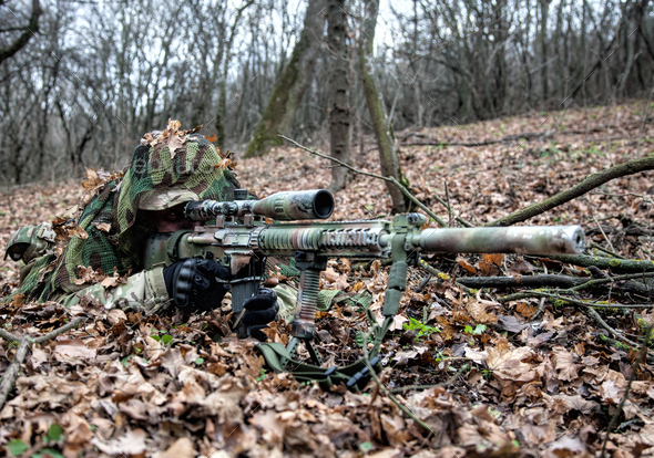 Army sniper hiding on ground in forest leaves Stock Photo by ...
