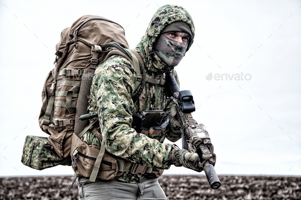 Portrait of modern army infantryman on march Stock Photo by ...