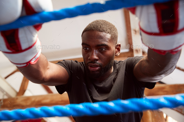 Male Boxer In Gym Wearing Boxing Gloves Leaning On Ropes Of Boxing Ring ...