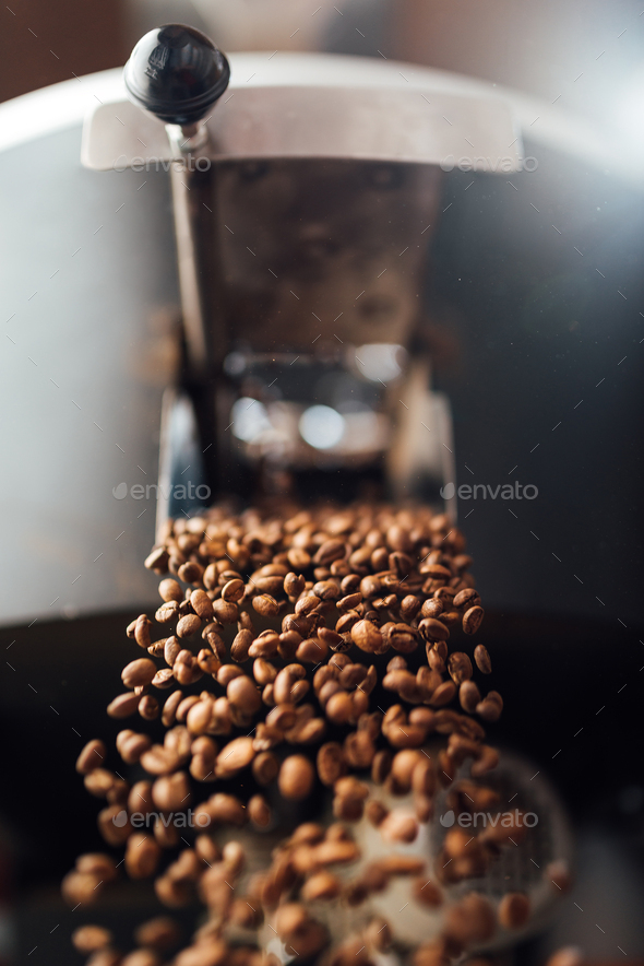 The flow of coffee beans from open flap of the cooling mixer of ...