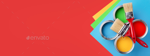 Banner with Colorful Paints and Brushes on Red Background. Stock Photo ...