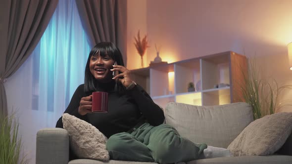 Home Phone Call Evening Rest Relaxed Woman Tea, Stock Footage | VideoHive