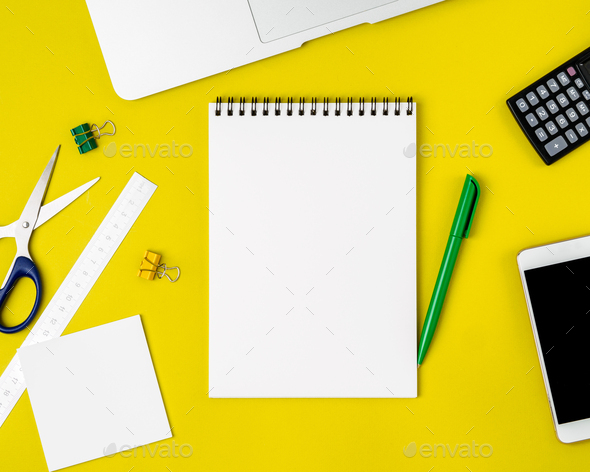 Modern creative bright yellow office desk Stock Photo by Natabuena