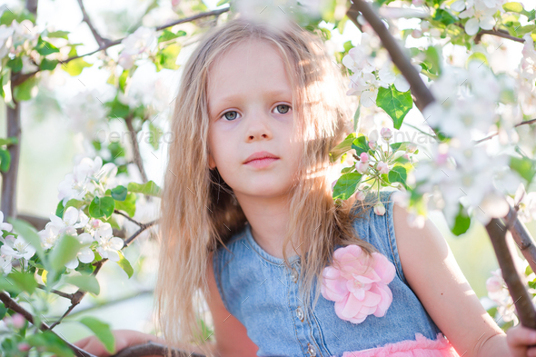 Portrait of little girl in blooming apple tree garden on spring day ...