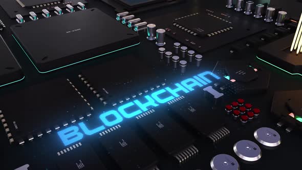 blockchain header on the background of a chip with many processes ...