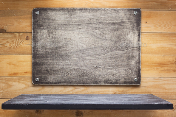 wooden sign board and shelf at wall Stock Photo by seregam | PhotoDune