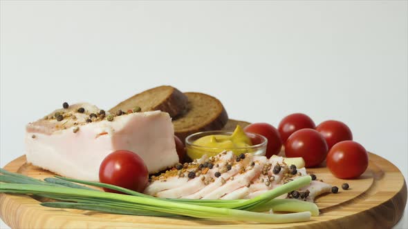 Chopped Lard on a Cutting Board A Large Piece of Lard with Skin and ...