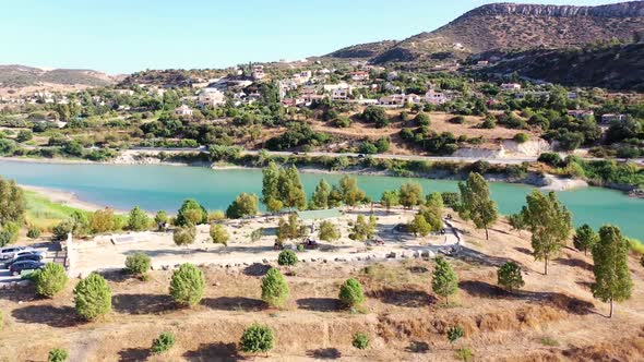 Orbit Shot Of Picnic Area Hill In Middle Of Germasogeia Dam, Limassol ...