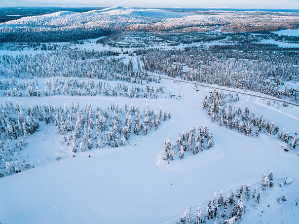 Aerial view of snow winter landscape with mountains, snow covered ...