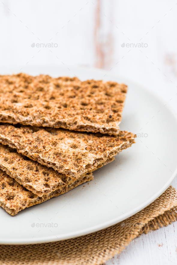 Healthy Snack from Wholegrain Rye Crispbread Crackers Stock Photo by Manuta