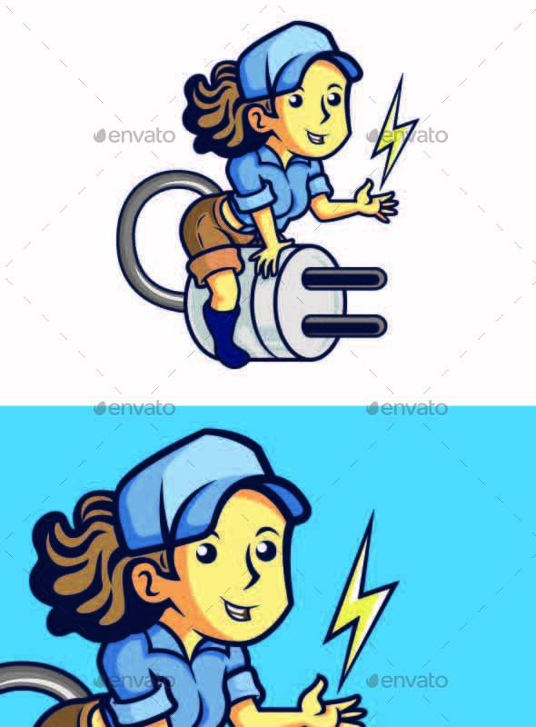 Vector Illustration of an Electrician Girl Flying on Switch, Vectors