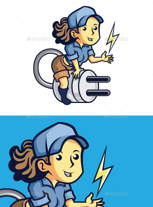 Vector Illustration of an Electrician Girl Flying on Switch, Vectors
