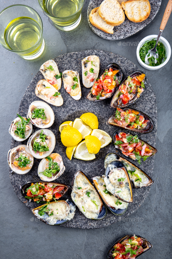 Seafood assorted platter Macha and mussels a la parmesana, mussels a la ...