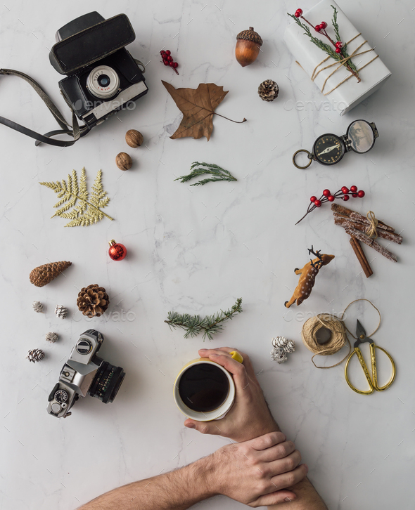 Creative mock up layout made of hipster christmas decoration. Flat lay ...