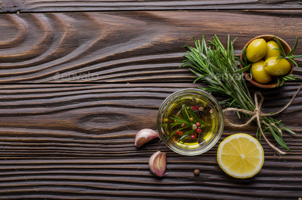 Flat lay Food background frame made of oils condiments and spices on ...