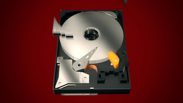 Computer hardware technology. Close up on the hard disk assembly ...