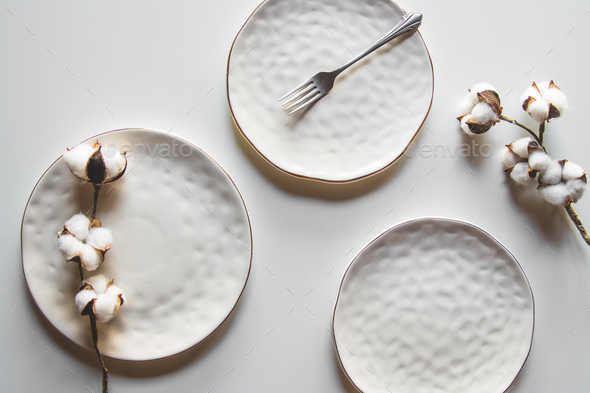 Beautiful plates on a white background with cotton. Beautiful layout ...