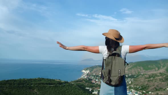 Attractive Happy Relaxed Tourist Woman Enjoying Rising Hand Admiring ...