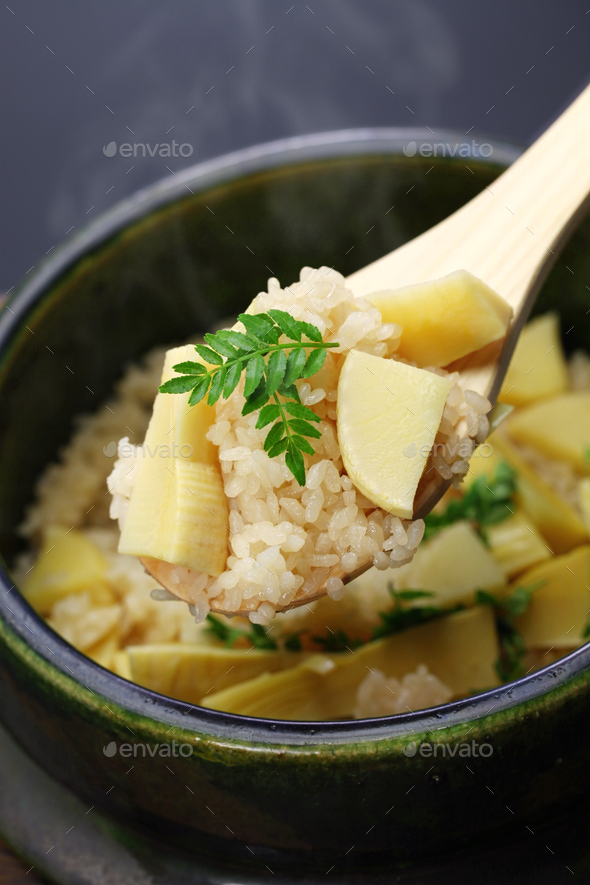 bamboo shoots rice, takenoko gohan, japanese food Stock Photo by motghnit