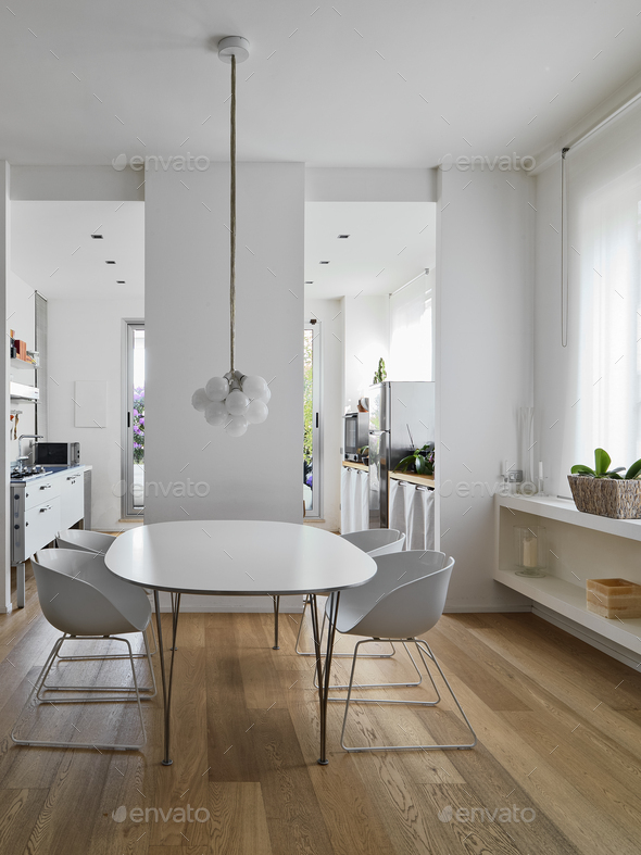 Interiors of a Modern Dining Room with Wooden Floor Stock Photo by ...