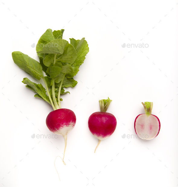 Radish with and without leaves, and root cut in half Stock Photo by ...