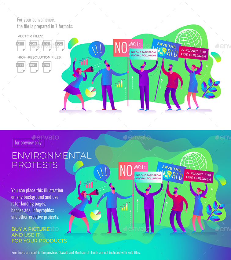 Set of Vector Environmental Illustrations with Characters, Vectors