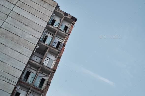 Apocalyptic picture. Old ruined building is falling down. Urban decay ...