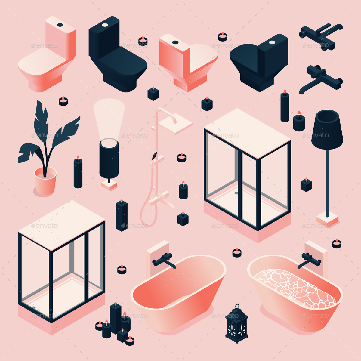 Pink Isometric Bathroom Set, Vectors | GraphicRiver