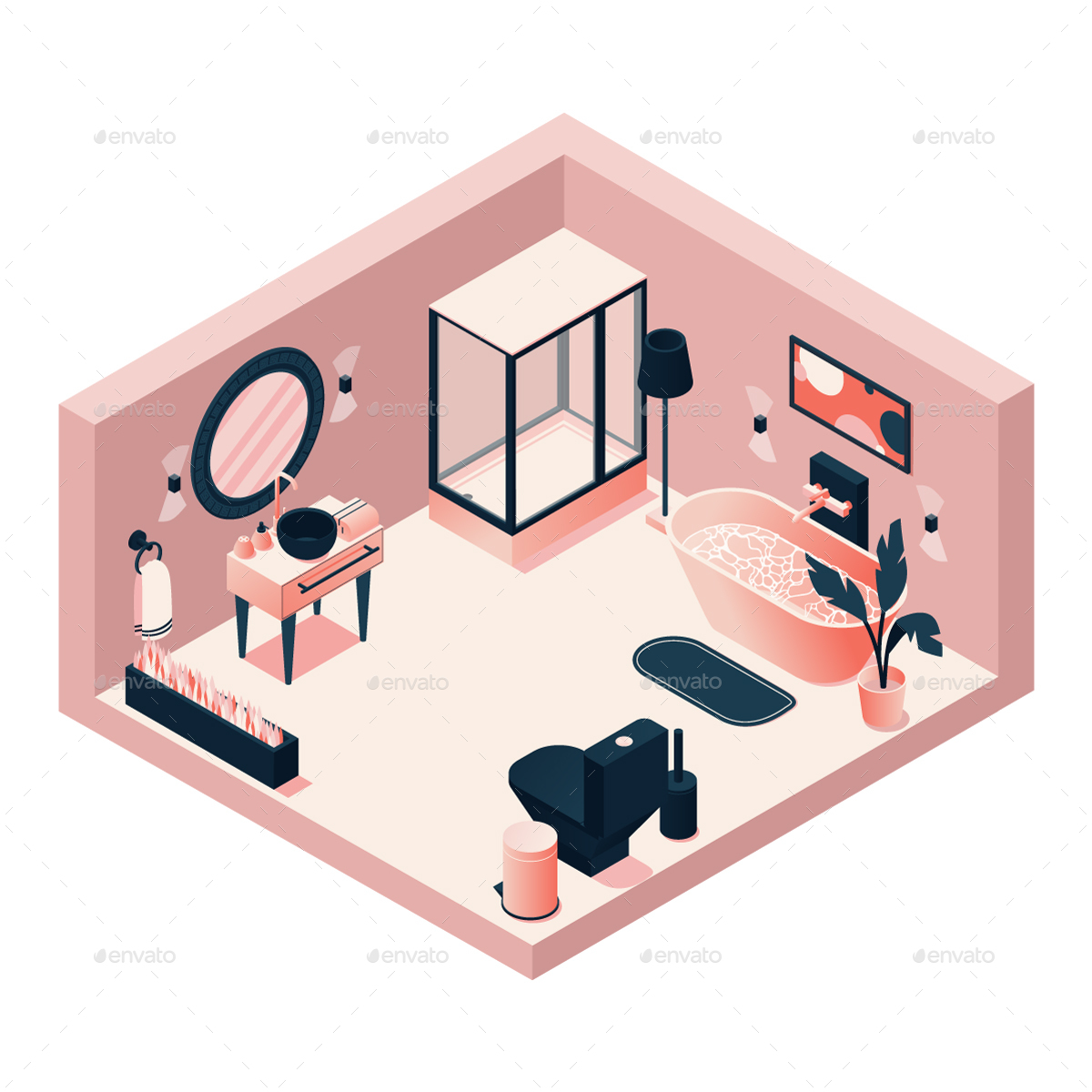 Pink Isometric Bathroom Set, Vectors | GraphicRiver