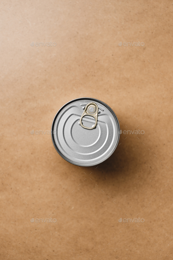 Top view on a canned food on a beige background. Minimal style food ...