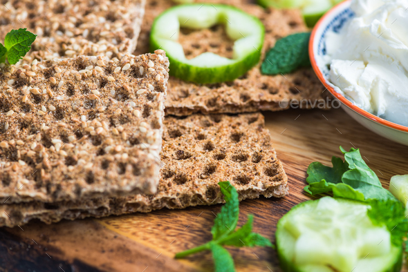 Snack from Wholegrain Rye Crispbread Crackers and Cucumber Stock Photo ...
