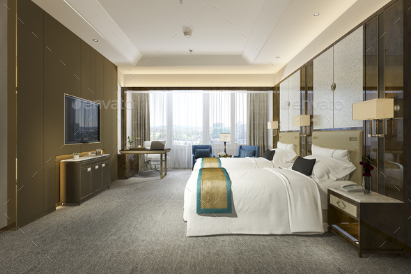 3d rendering luxury bedroom suite in resort high rise hotel with twin ...