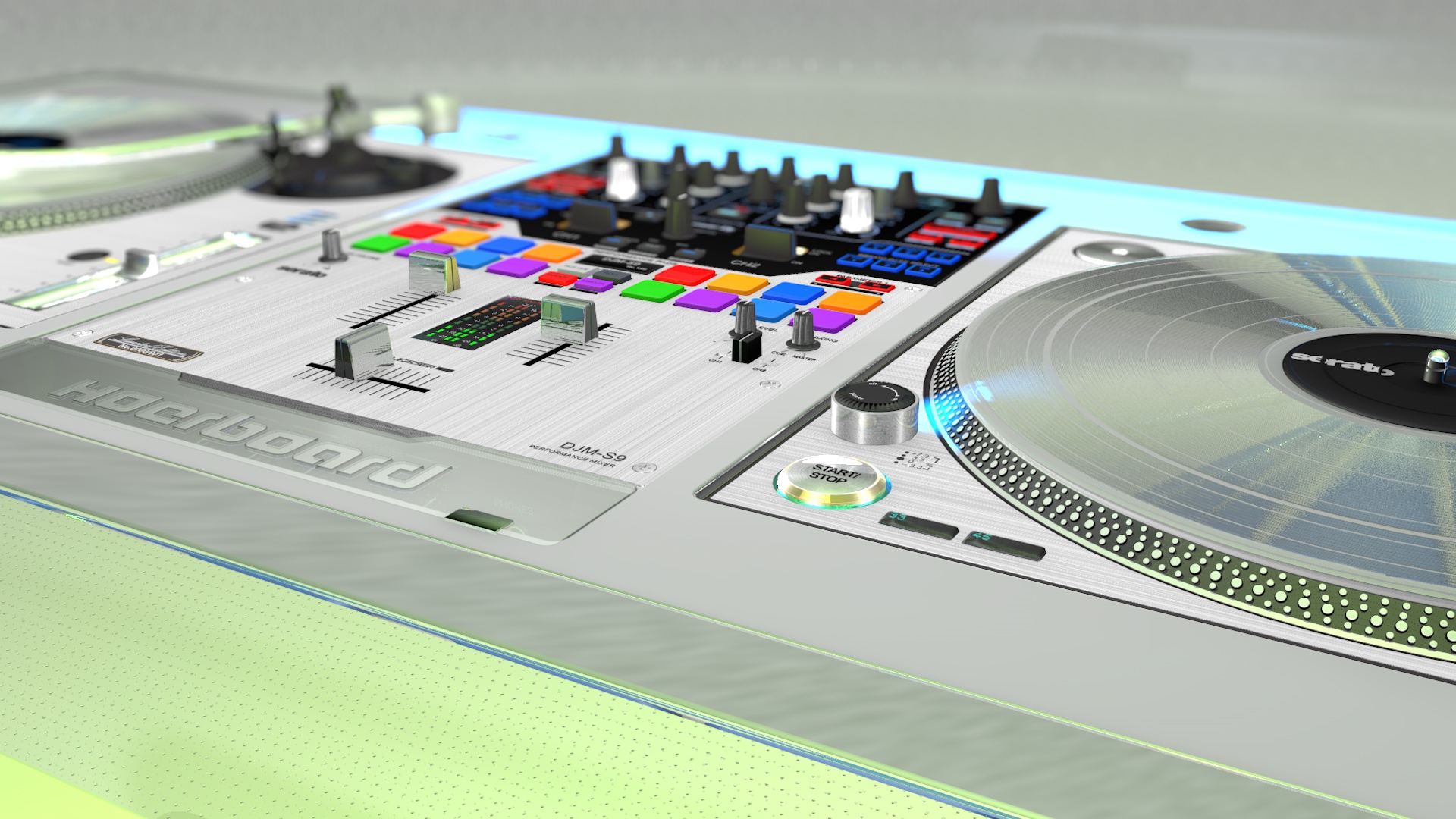 DJ Stand Hoerboard with 2 turntables and DJ mixer by HumanGraphics