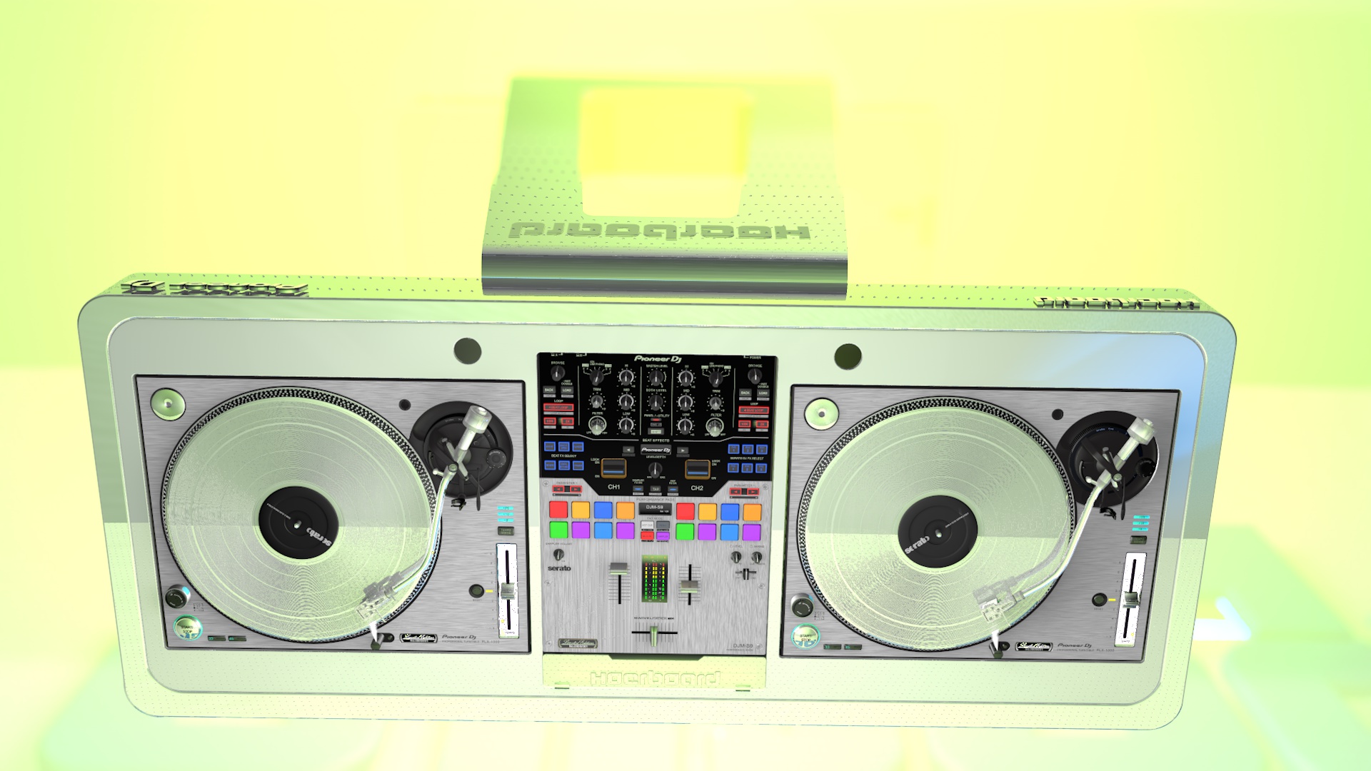 DJ Stand Hoerboard with 2 turntables and DJ mixer by HumanGraphics