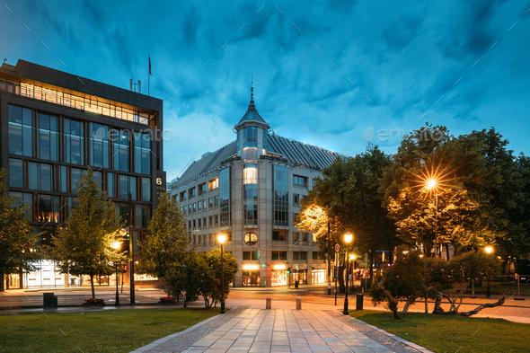 Oslo, Norway. Night View Of Stortingsgata Street. Centrum District In ...