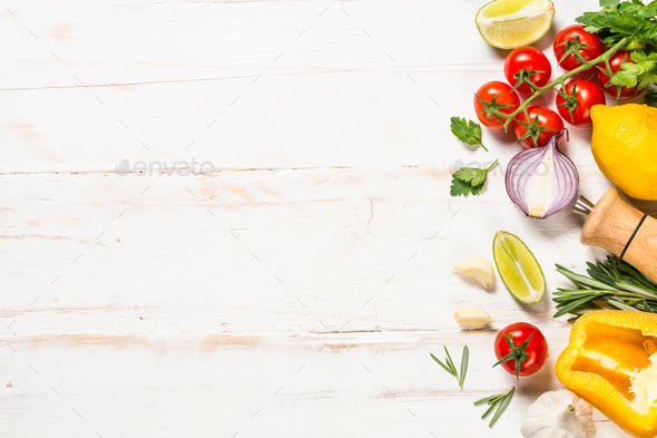 Food cooking background on white wooden table Stock Photo by Nadianb