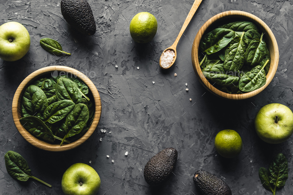 Green food background on stone table top view. Healthy food, vegan, eco ...
