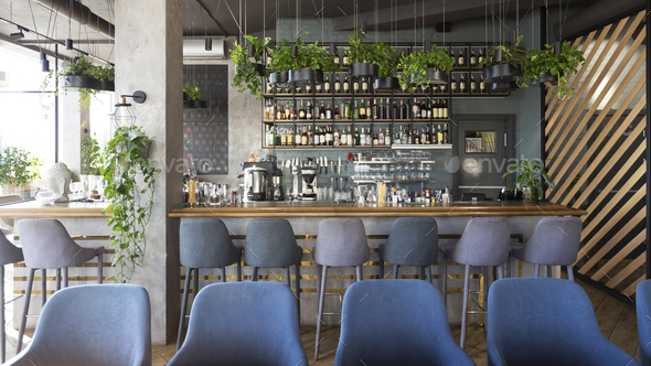 Modern wooden counter zone in empty cafe, green plants Stock Photo by ...
