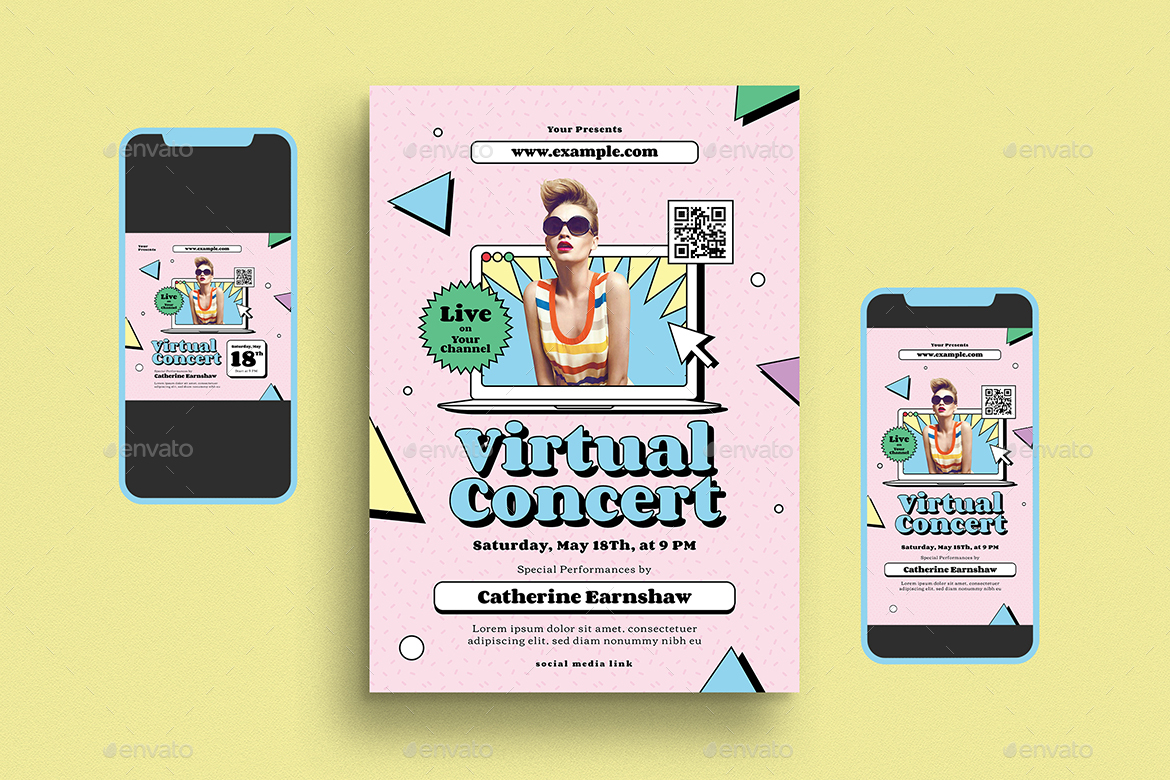 90s Virtual Music Concert Flyer Set, Print Templates | GraphicRiver