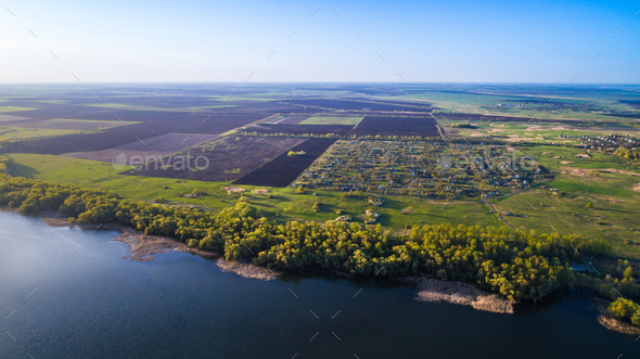 Sunrise over a beautiful river from a bird's eye view Stock Photo by ...