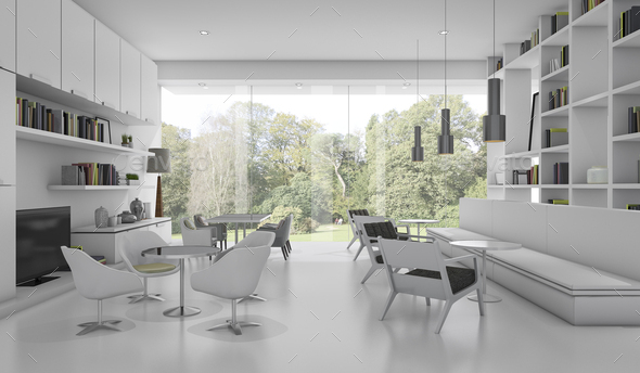 3d rendering white modern library with garden view Stock Photo by dit26978