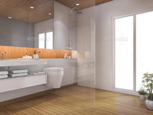 3d rendering wood bathroom and toilet near window Stock Photo by dit26978