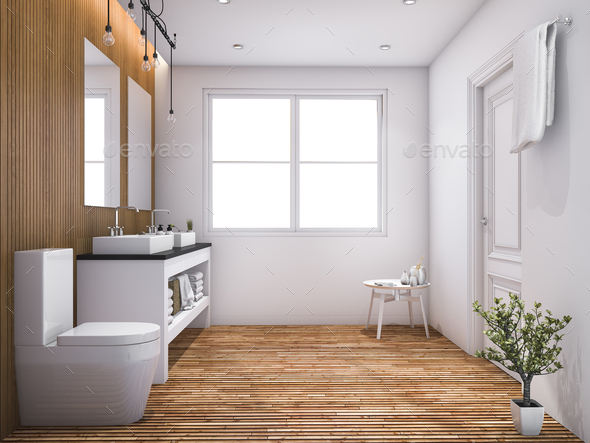 3d rendering contemporary wood toilet with light from window Stock ...