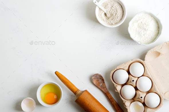 Baking ingredients for making homemade traditional bread or cakes on a ...