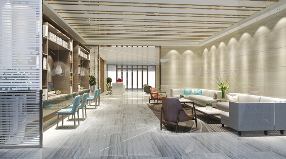 3d renering elegant lounge lobby area and library with working desk ...