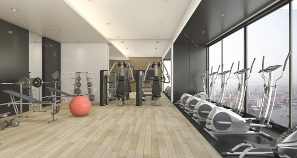 3d rendering modern wood and black decor gym and fitness with nice view ...