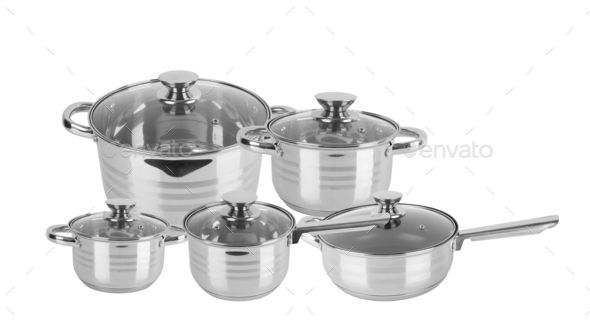 chrome pan with lid isolated on white background Stock Photo by pioneer111